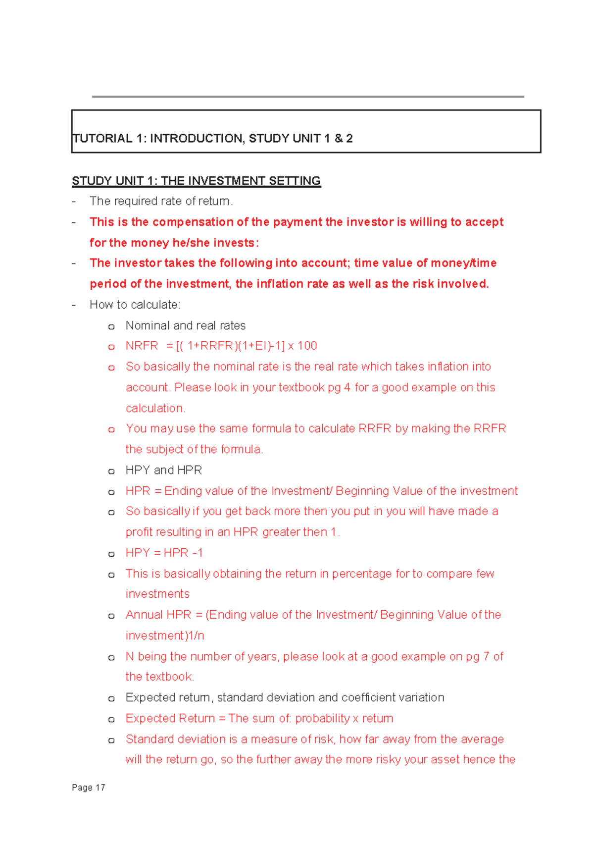 Tutorial 1 - Investment setting notes Organization and functioning of ...