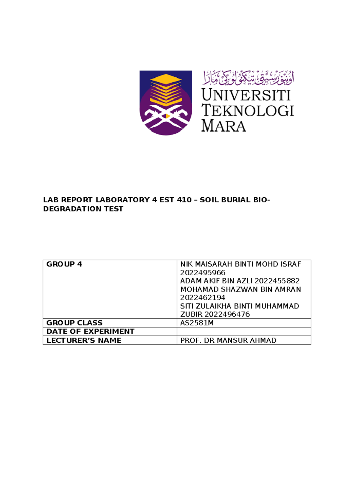 LAB Report Laboratory 4 EST 410 - Eco-Products Technology - LAB REPORT ...