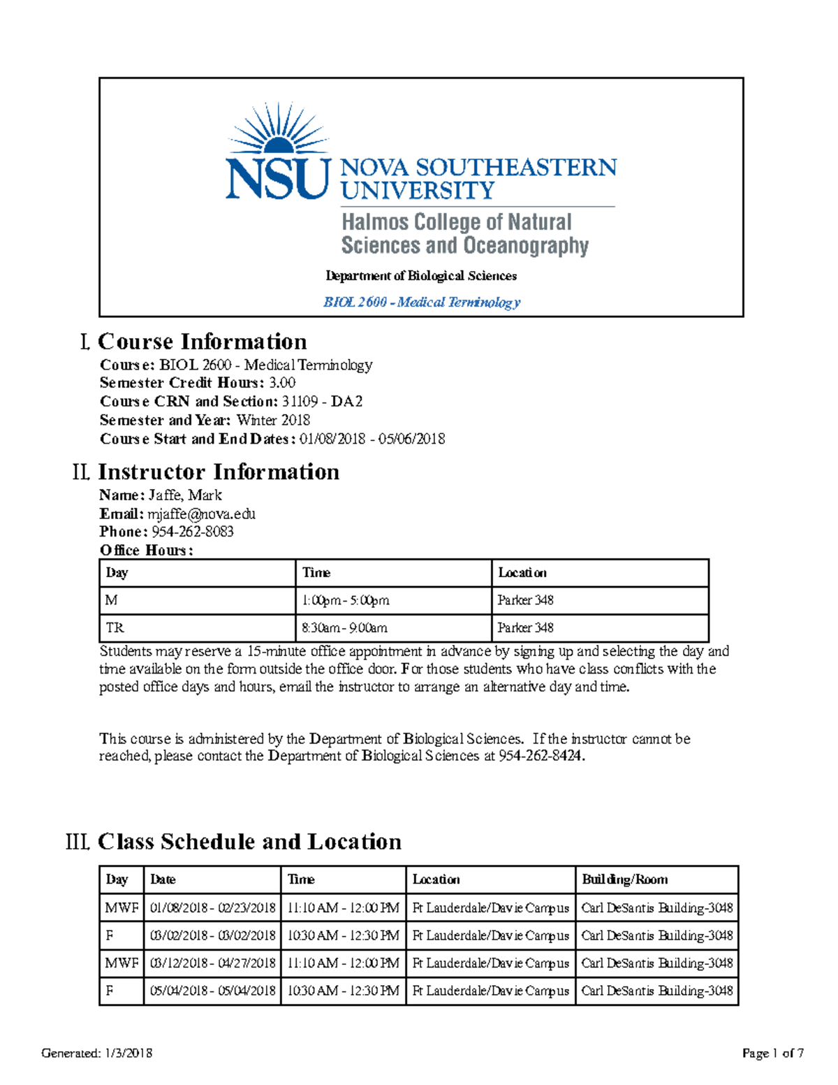Syllabus - Department of Biological Sciences BIOL 2600 Medical ...