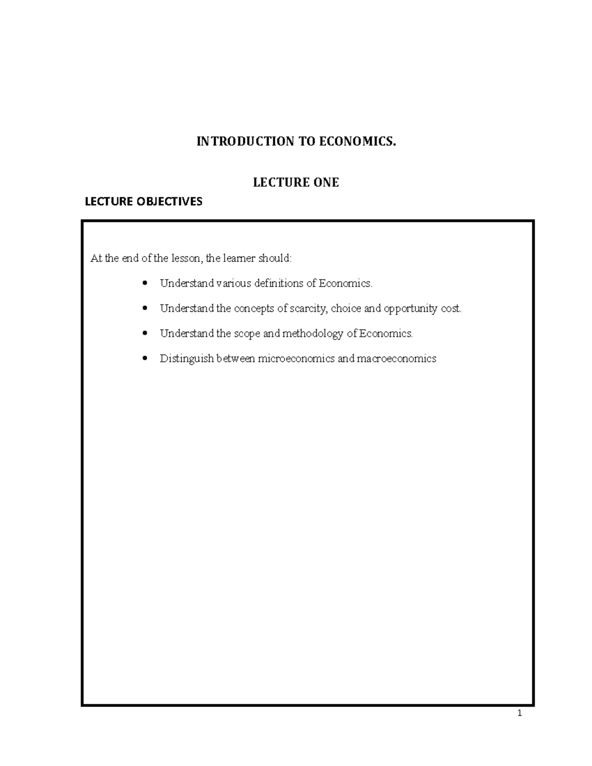 Introduction TO Micro- Economics - INTRODUCTION TO ECONOMICS. LECTURE ...