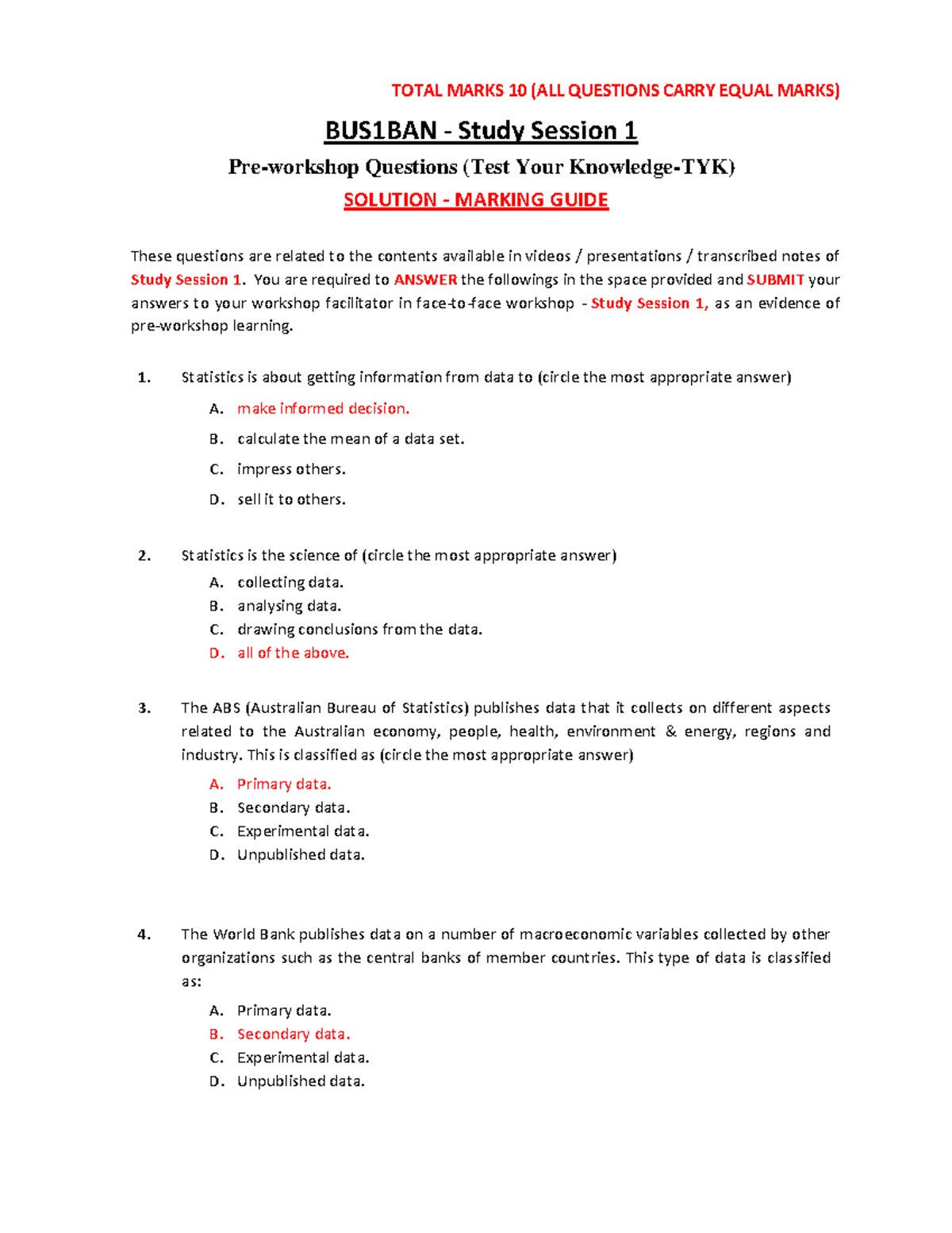 Test Your Knowledge- Study Session 1 (Marking guide-Solution) - TOTAL ...