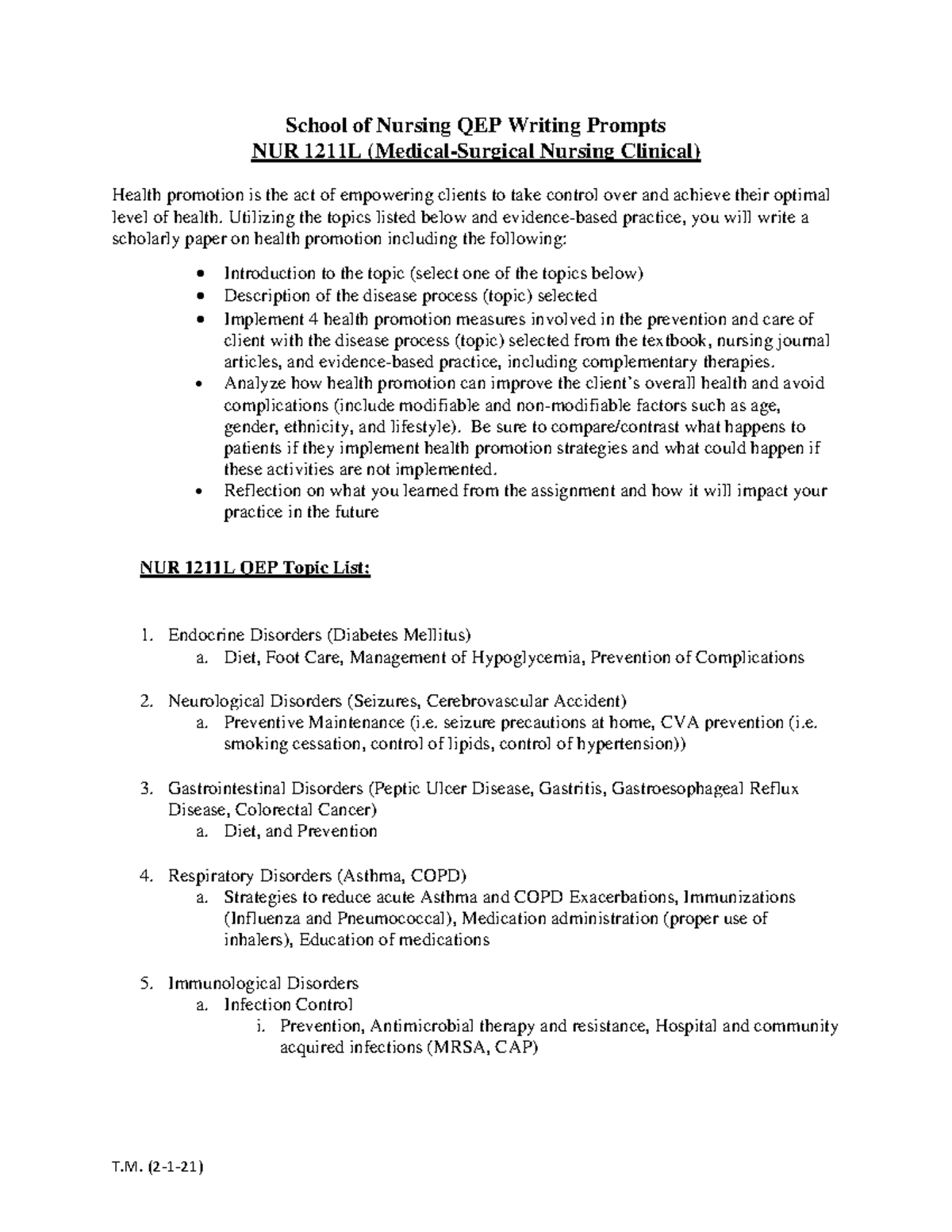 NUR 1211L QEP Prompt 2-1-21 - T. (2-1-21) School of Nursing QEP Writing ...