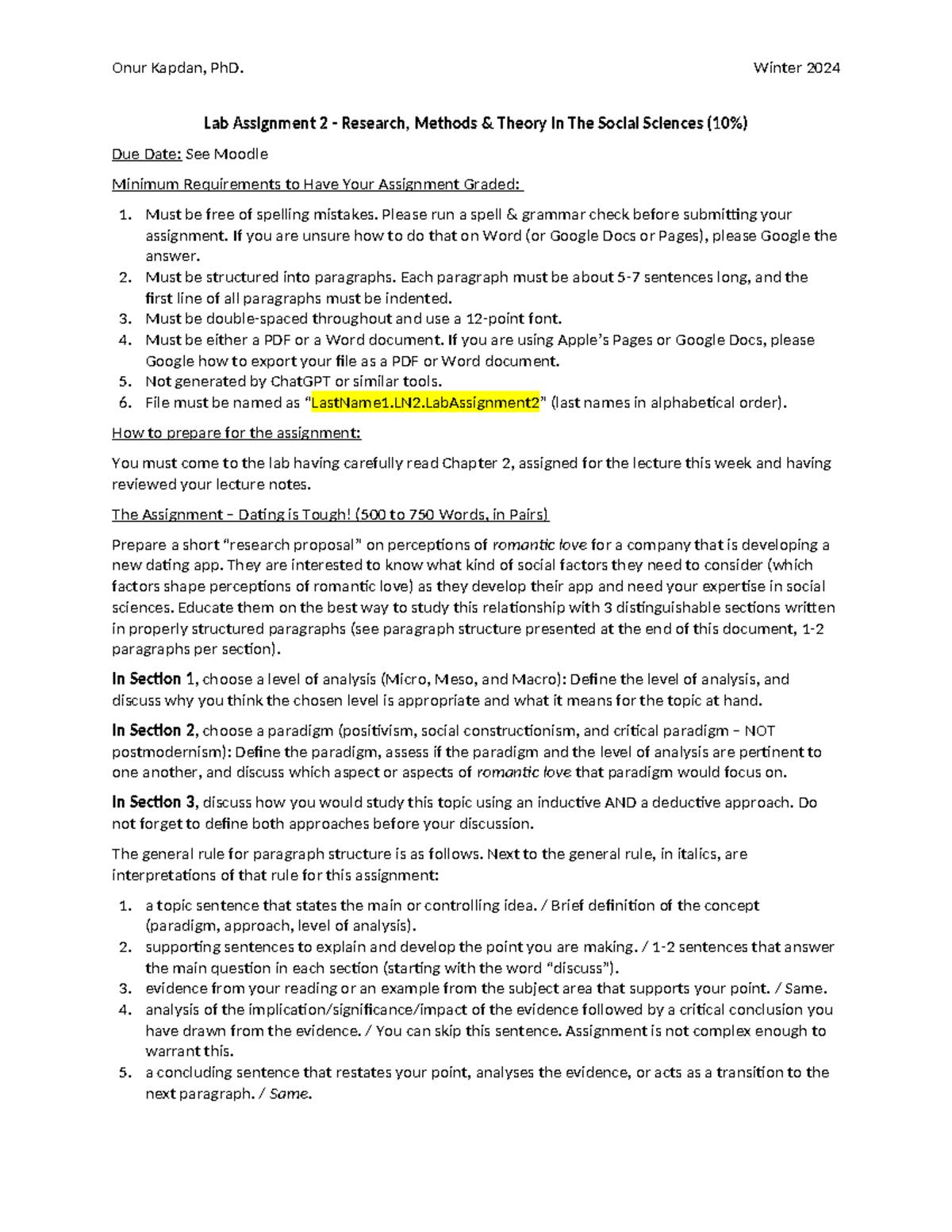 Lab Assgnmnt 2 RQM - great - Onur Kapdan, PhD. Winter 2024 Lab Assignment 2 - Research, Methods ...