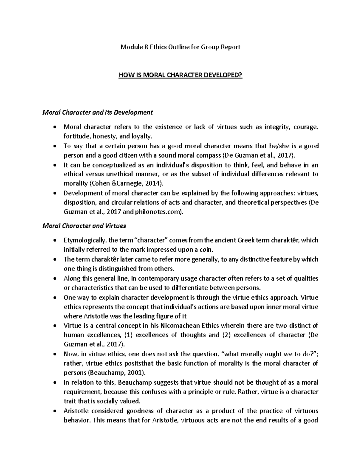 MODULE 8: MORAL CHARACTER DEVELOPMENT GROUP 8 - Module 8 Ethics Outline ...