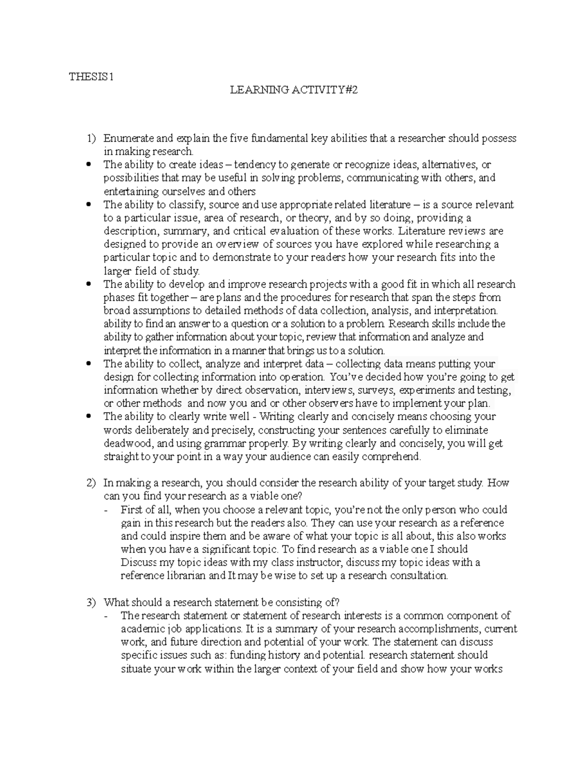 LA#2 - THESIS - THESIS LEARNING ACTIVITY# Enumerate and explain the ...