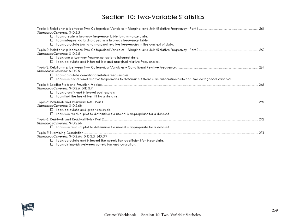 Section 10 Two Variable Statistics Workbook 259 Section 10 Two