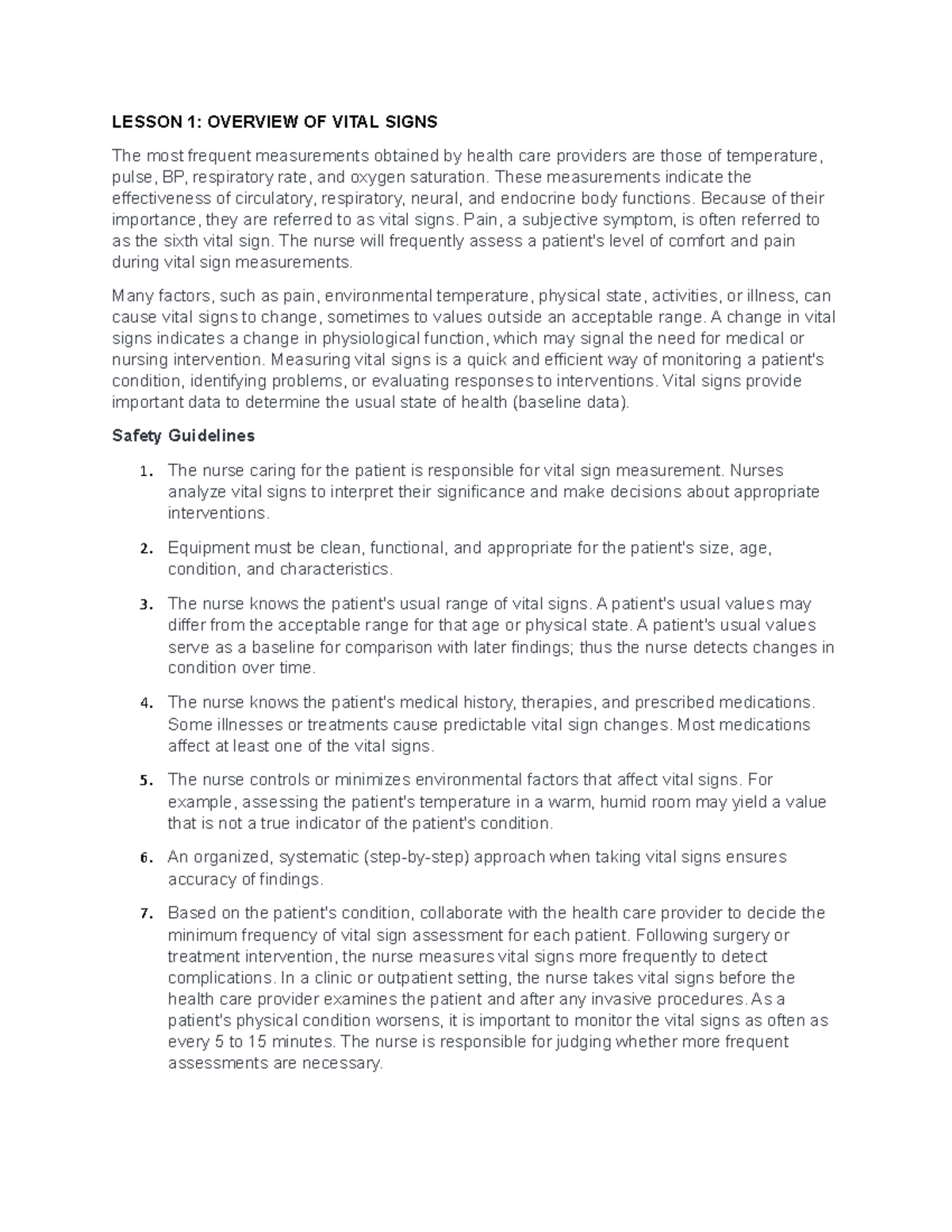 Module 4 Vital Signs Lesson 1 Notes - LESSON 1: OVERVIEW OF VITAL SIGNS ...
