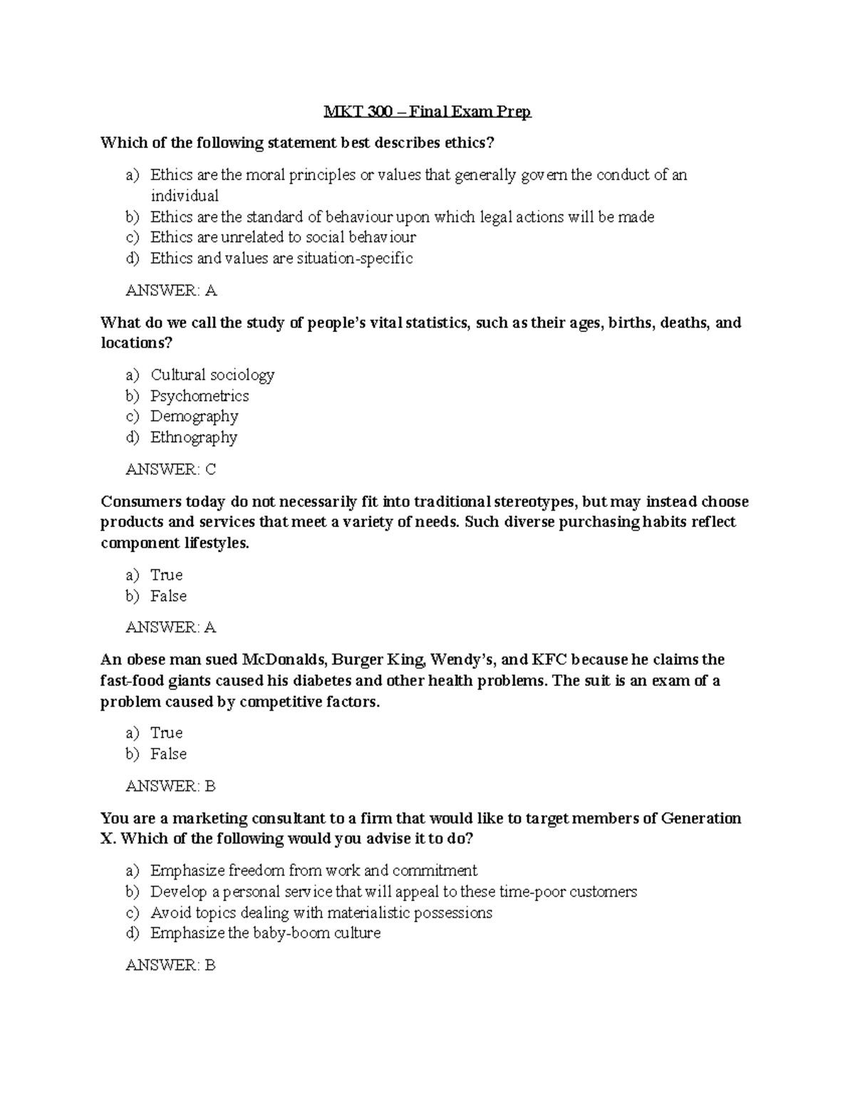 Sample/practice exam 2019, questions and answers - MKT 300 – Final Exam ...