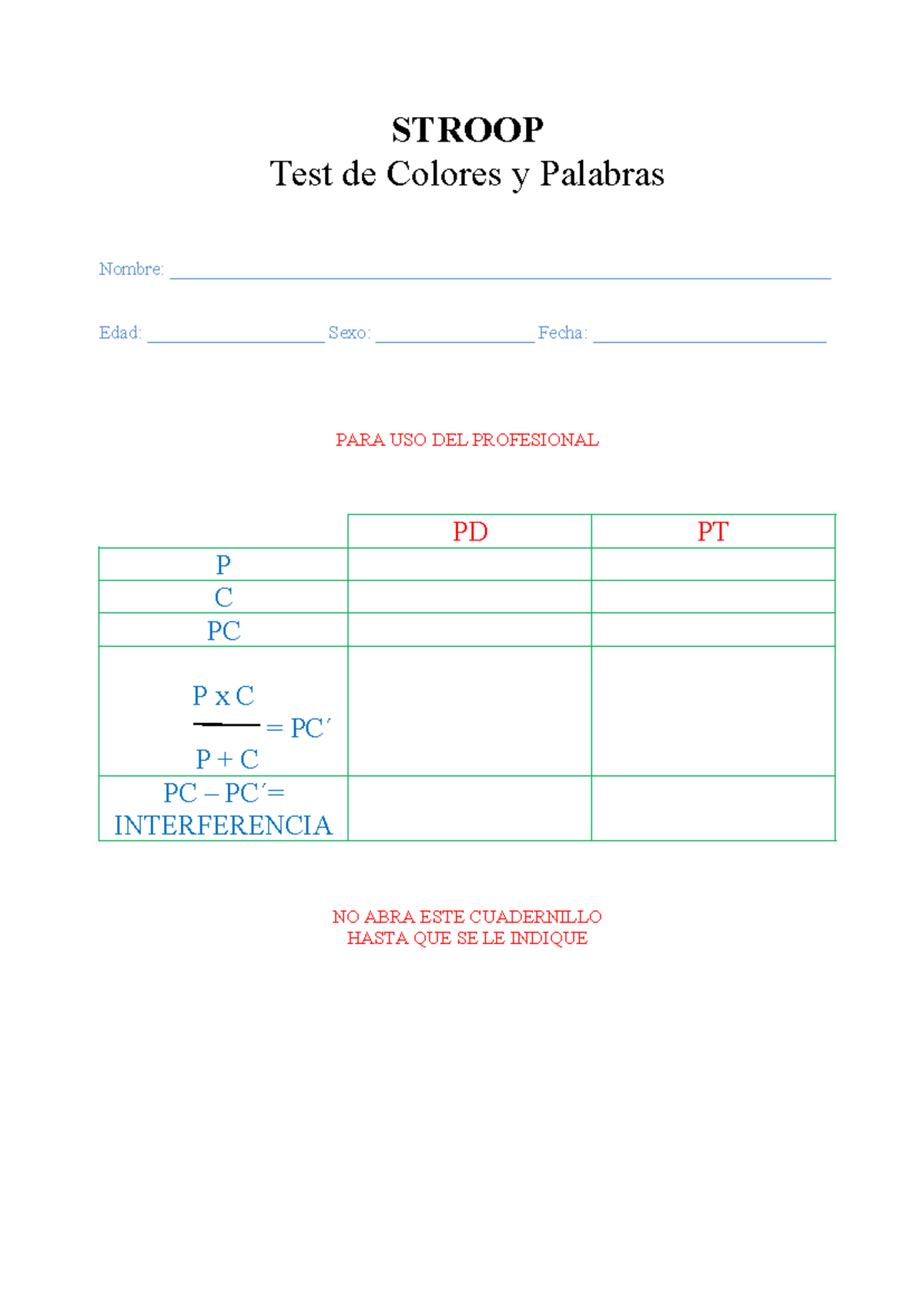 Test Stroop Test de Colores y Palabras - STROOP Test de Colores y ...
