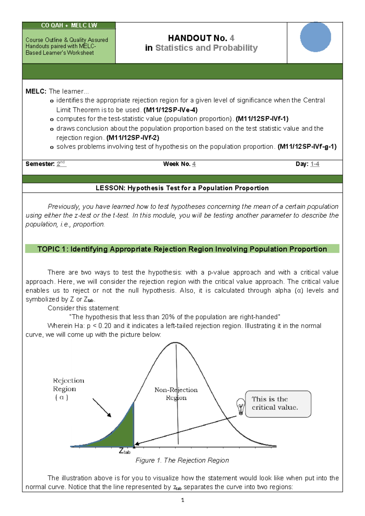 SP Q4 WEEK 4 Handout - ####### CO QAH + MELC LW HANDOUT No. 4 in Statistics and Probability ...