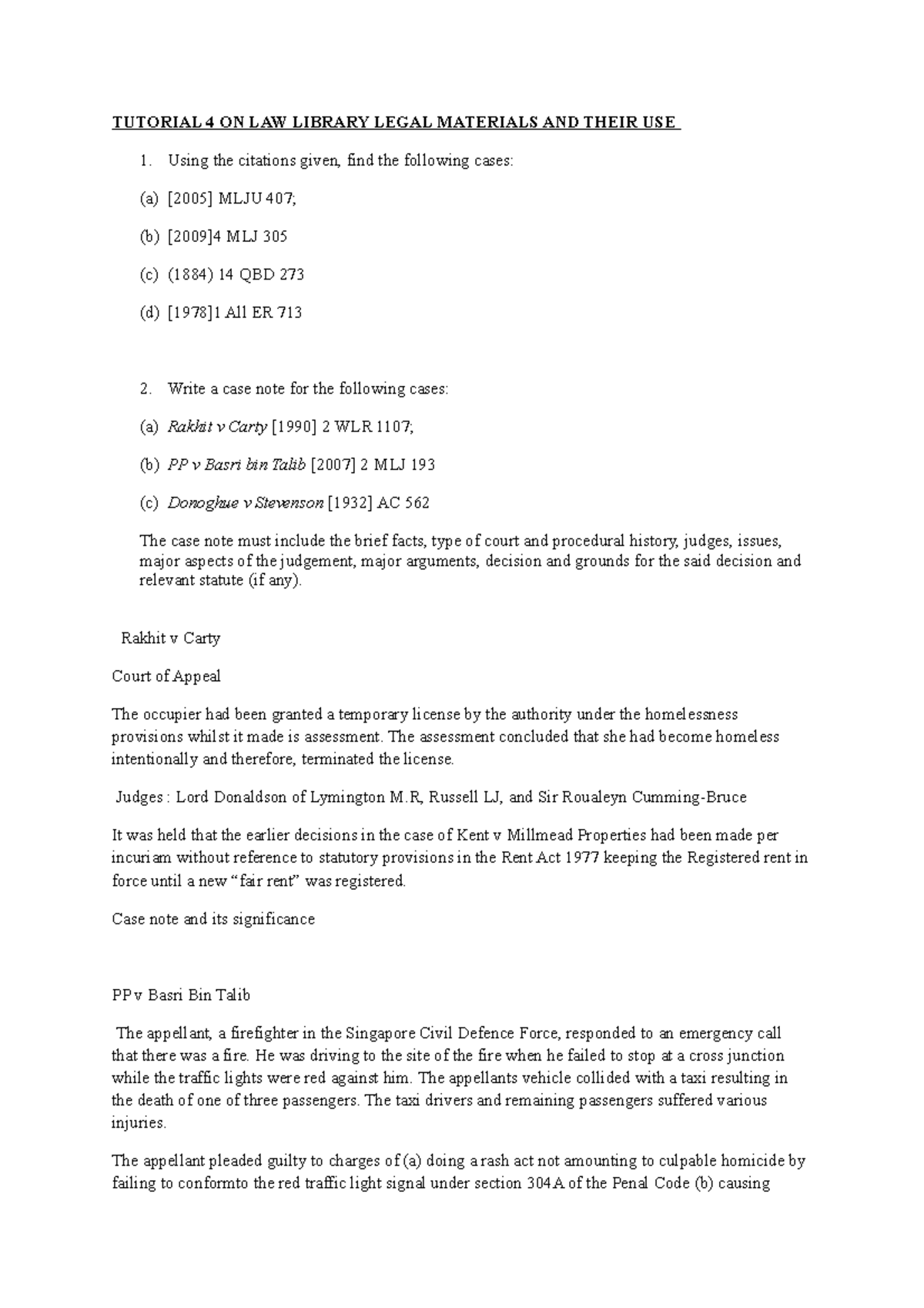 Tutorial 4-LAW Library - TUTORIAL 4 ON LAW LIBRARY LEGAL MATERIALS AND ...