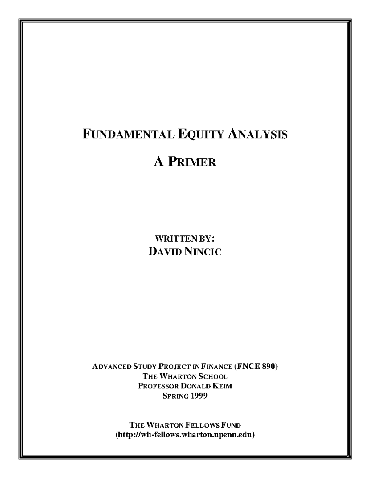 Equity Analysis Primer - FUNDAMENTAL EQUITY ANALYSIS A PRIMER WRITTEN ...