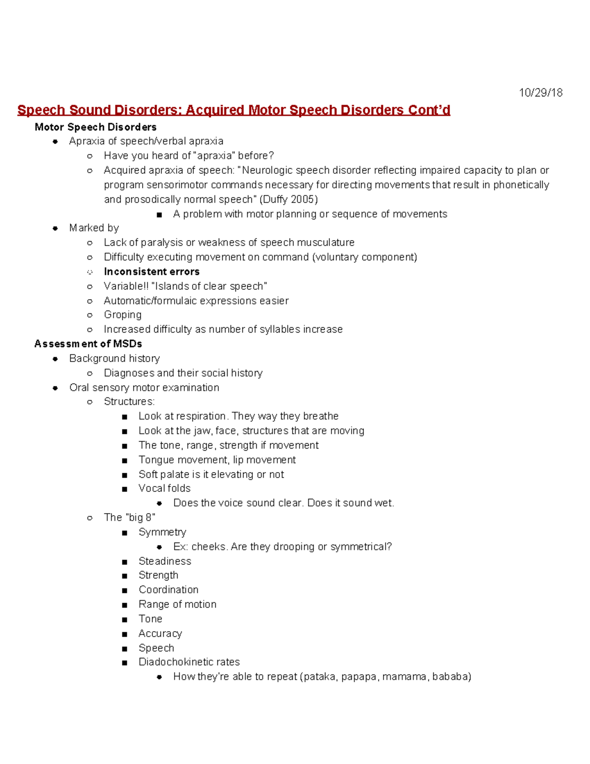 Intro to CSD Notes - 10/29/ Speech Sound Disorders: Acquired Motor ...