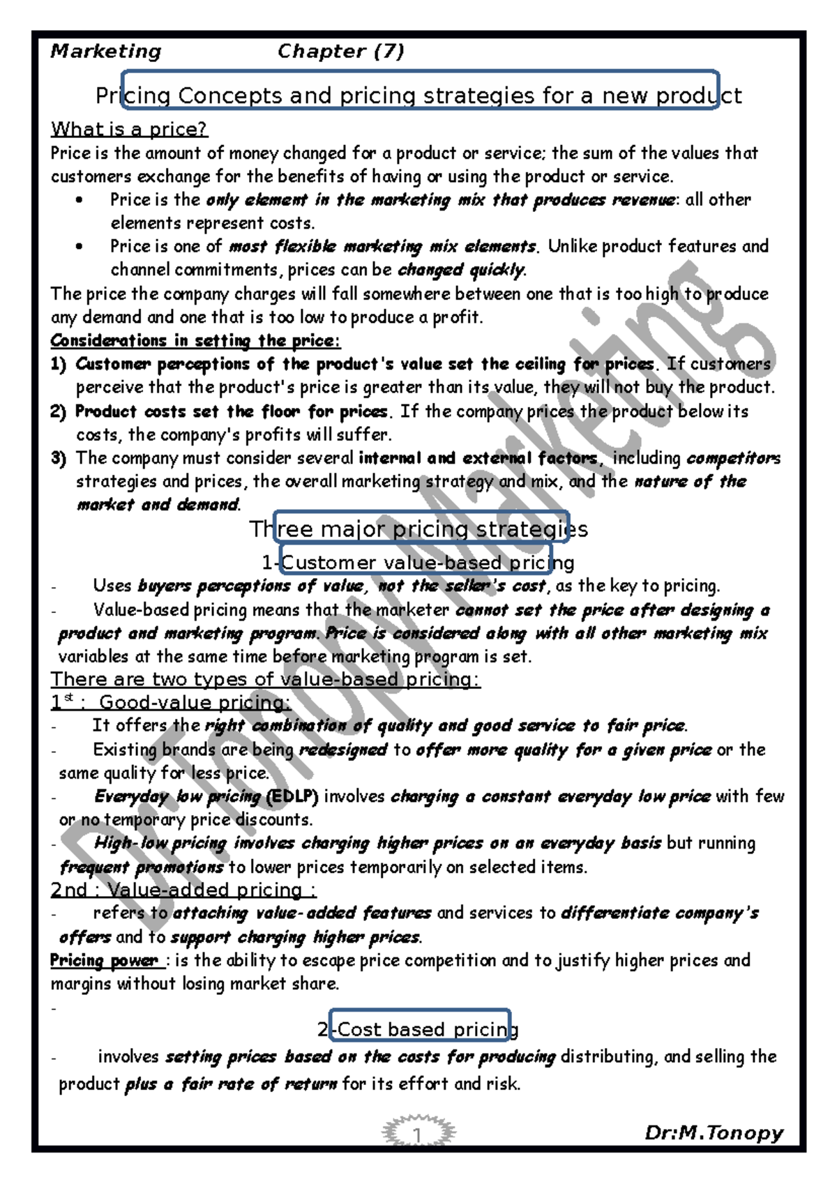 Marketing ch7 - 1 Marketing Chapter (7) Pricing Concepts and pricing ...