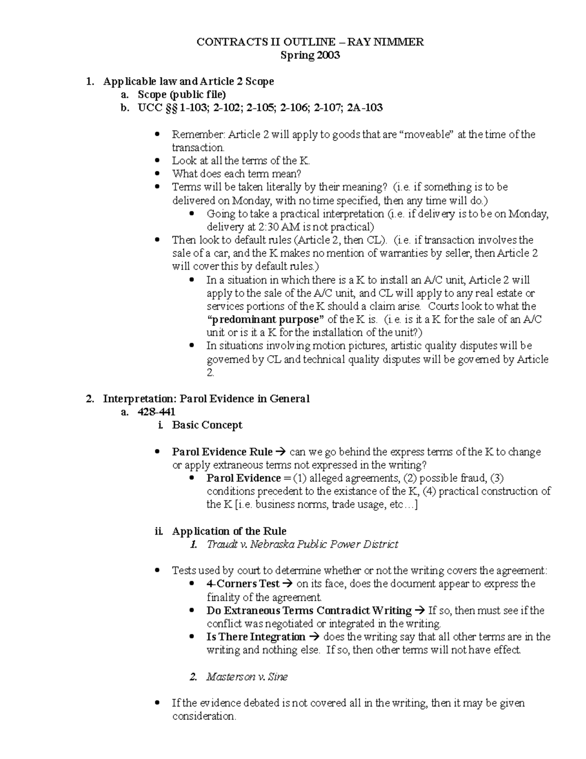 Nimmer Contracts 2Outline - CONTRACTS II OUTLINE – RAY NIMMER Spring ...
