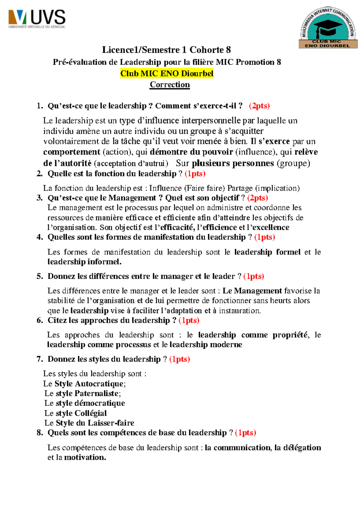 Correction Leadership - Licence1/Semestre 1 Cohorte 8 Pré-évaluation de ...