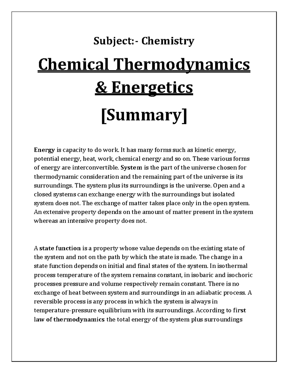 Chemical Thermodynamics & Energetics summary - Subject:- Chemistry ...