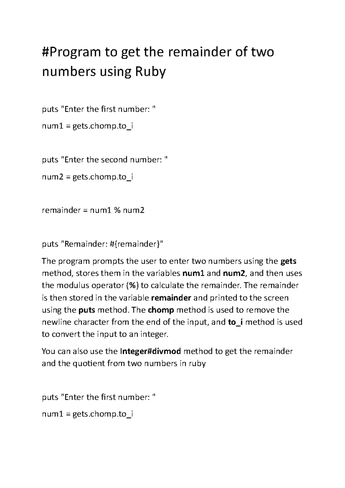 Remainder of two numbers - Ruby - #Program to get the remainder of two numbers using Ruby puts ...