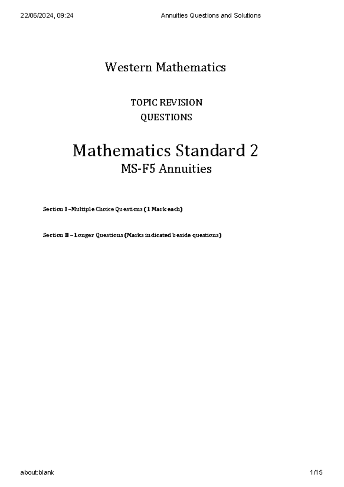 Annuities Questions and Solutions - Western Mathematics TOPIC REVISION ...