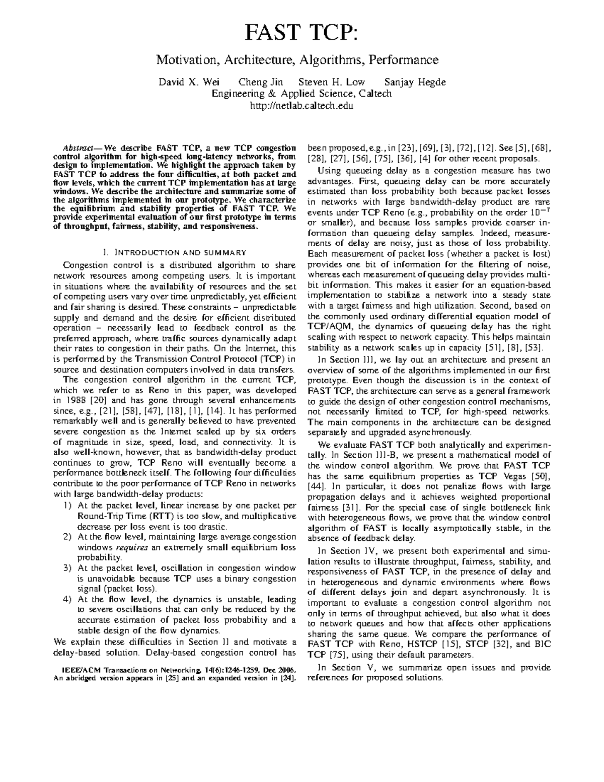 Paper-FAST TCP-Motivation, Architecture, Algorithms, Performance - FAST TCP: Motivation, - Studocu