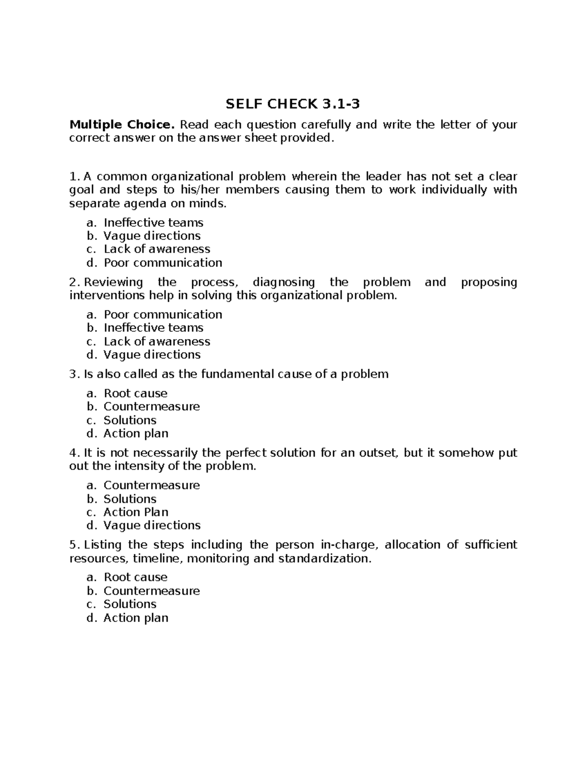 self check work team - SELF CHECK 3 .1- Multiple Choice. Read each ...