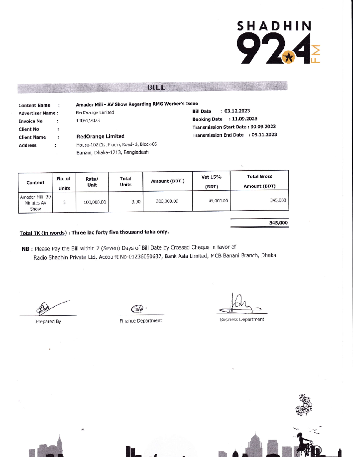 Bill Amader Mili 61 23 20231203 0001 - SHADHIN Content Name : Advertiser Name : Invoice No ...