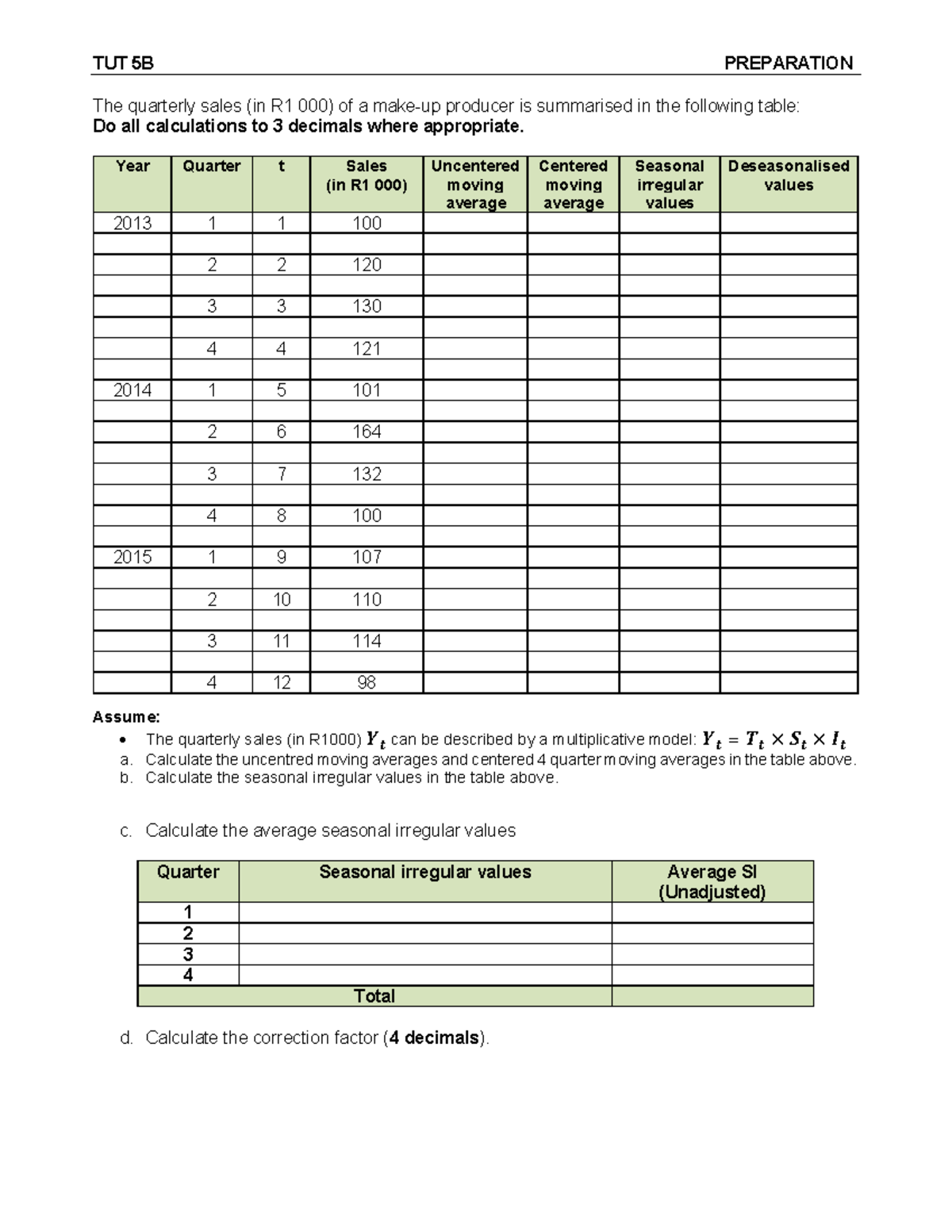 TUT 5 - Forecasting - TUT 5B PREPARATION The quarterly sales (in R1 000 ...