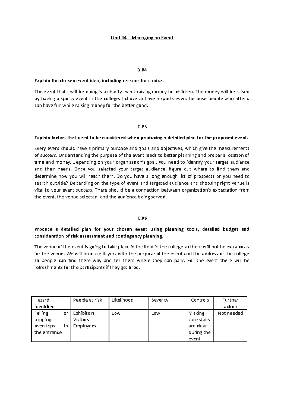 Unit 04 task 2 - Unit 04 – Managing an Event B Explain the chosen event ...