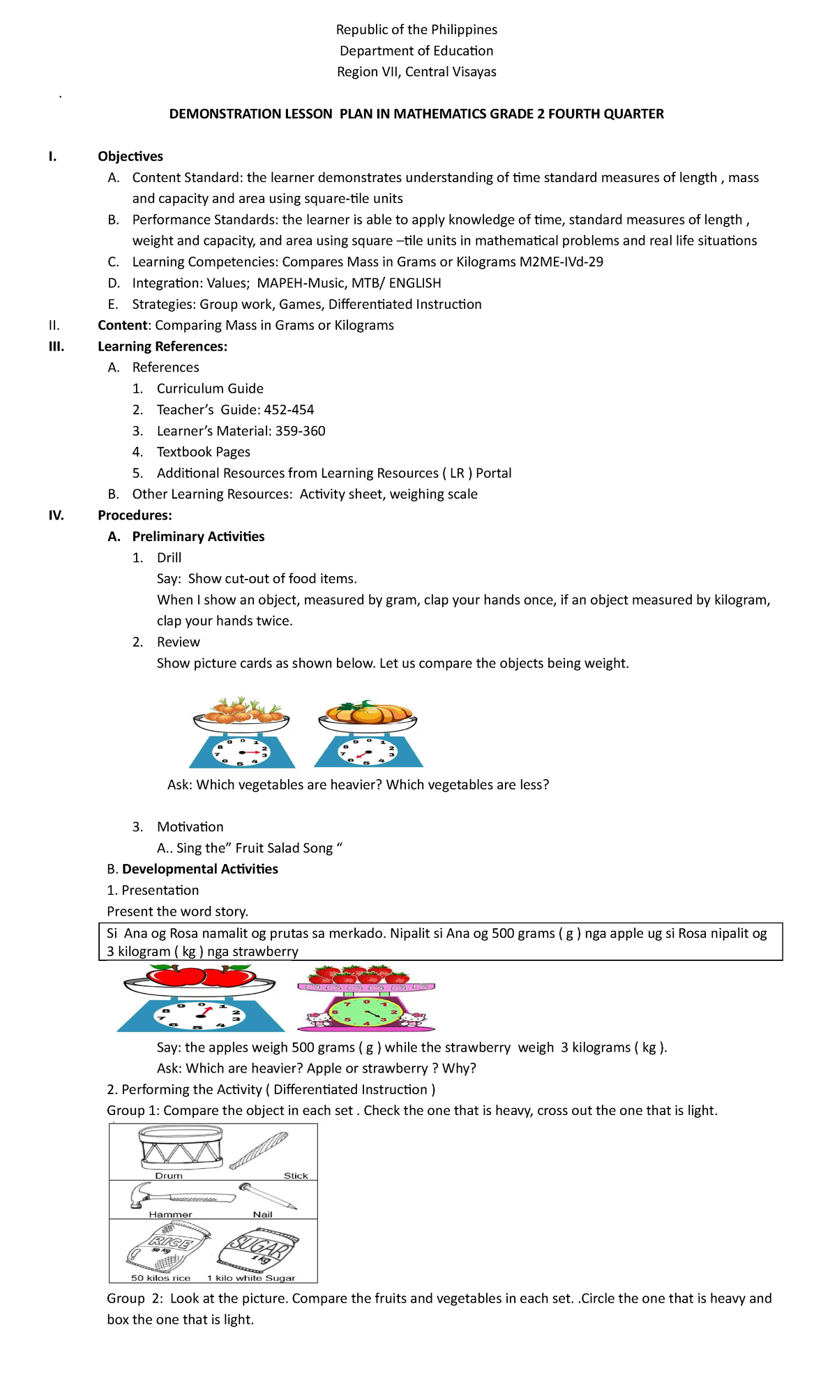 Grade 2 COT MATH Q4 Lesson Plan Republic Of The Philippines