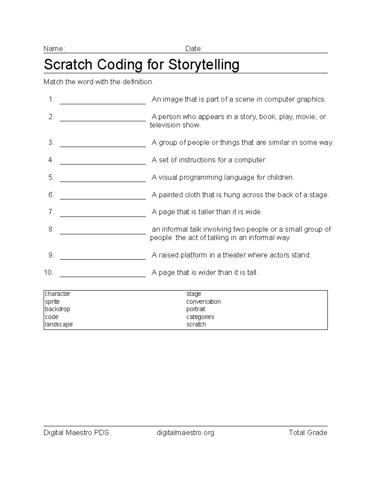 Scratch Codingfor Story Tellingvocabularymatchingworksheet-1 - Scratch ...