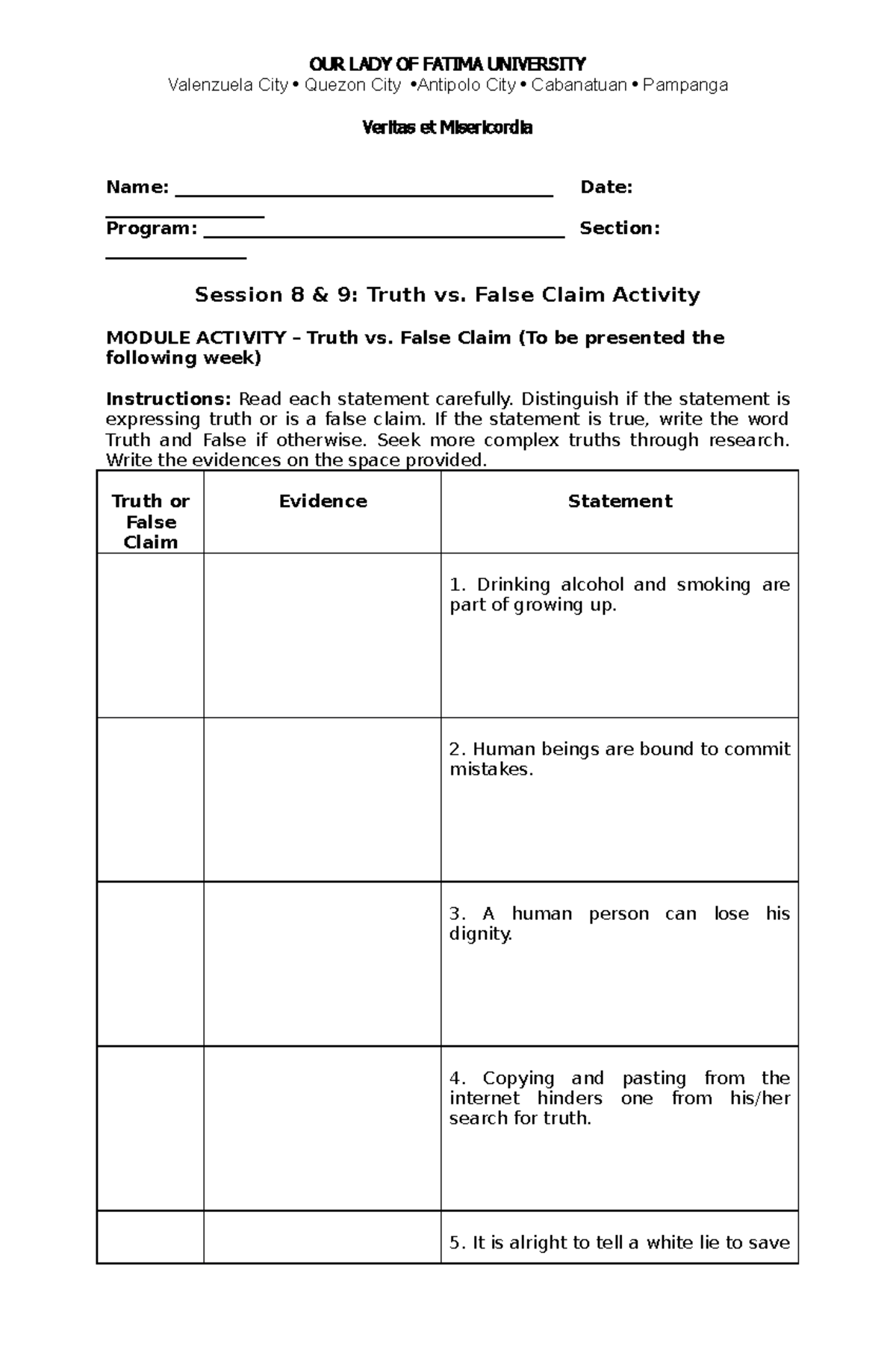 Session-8 9-Truth-vs - Veritas - OUR LADY OF FATIMA UNIVERSITY ...