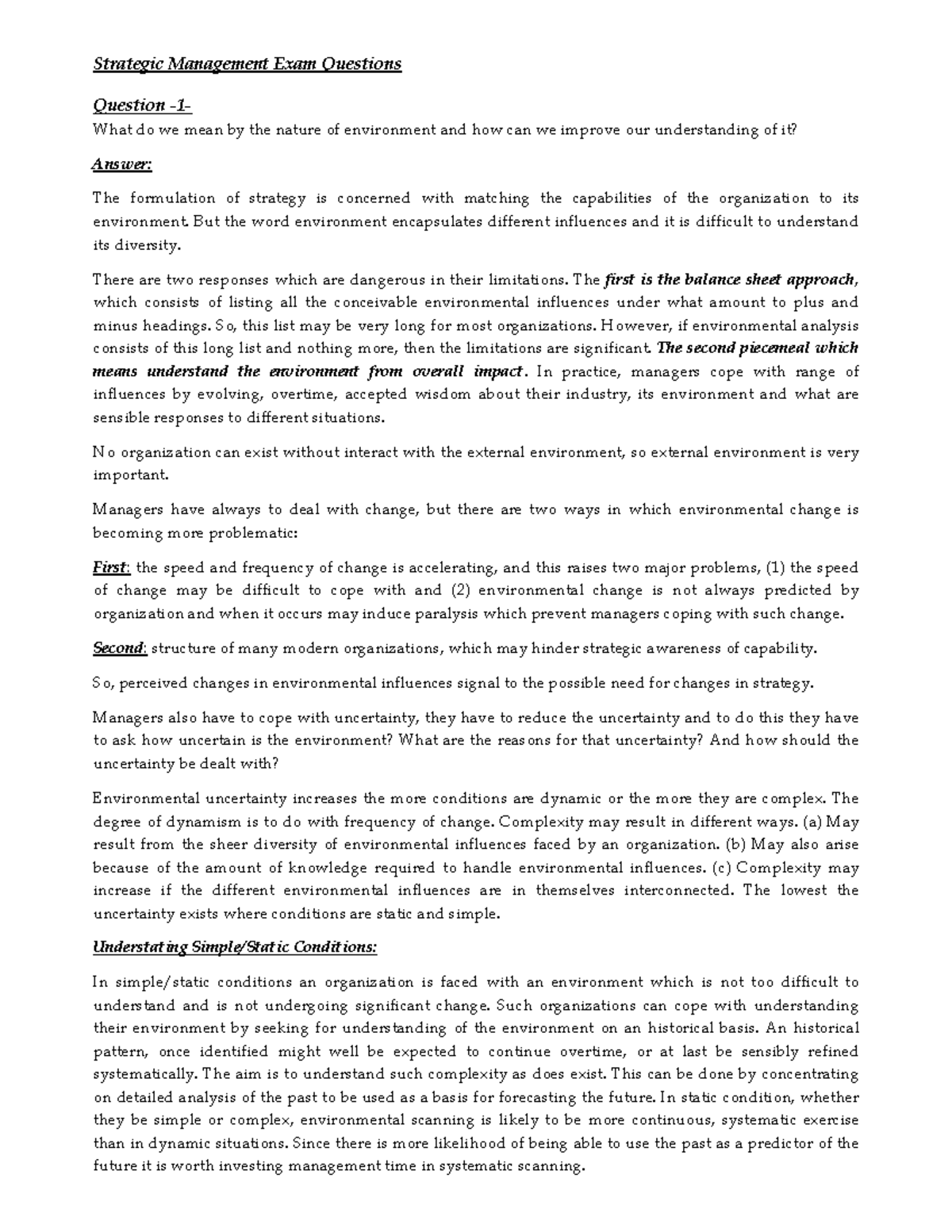Exam 10 October, questions and answers - Strategic Management Exam ...