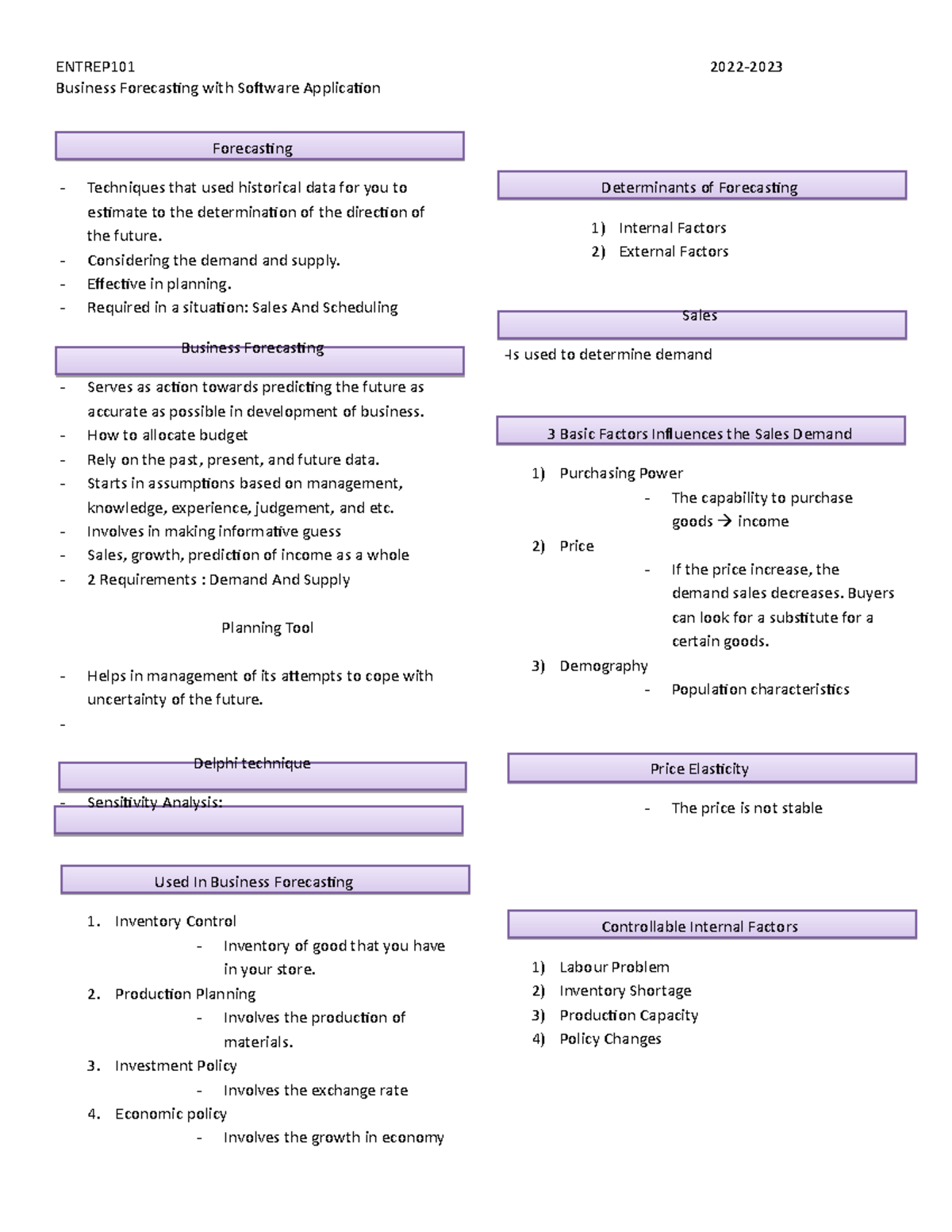 Entrep 101 - Reviewer - ENTREP101 2022- Business Forecasting with Software Application ...