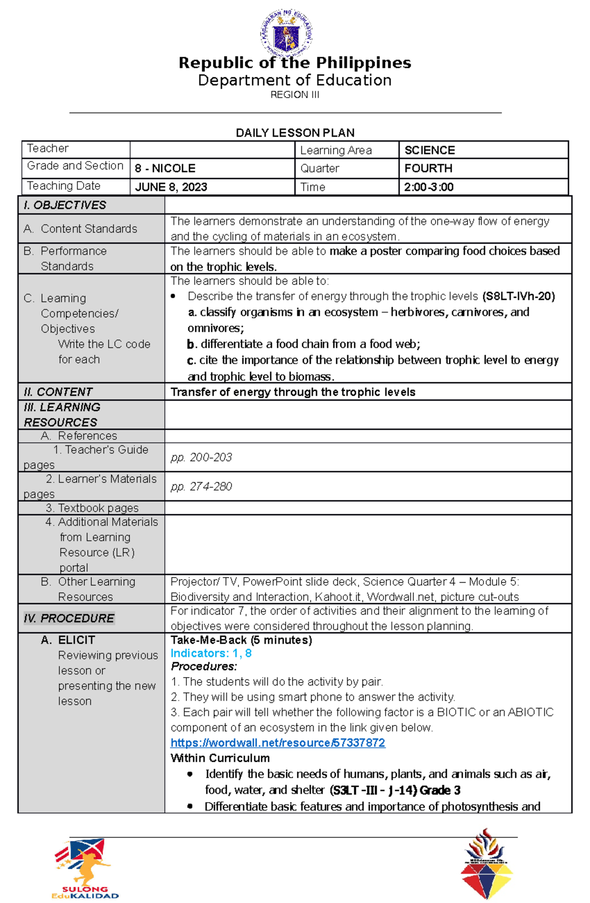 Transfer of energy through the trophic levels - Department of Education ...