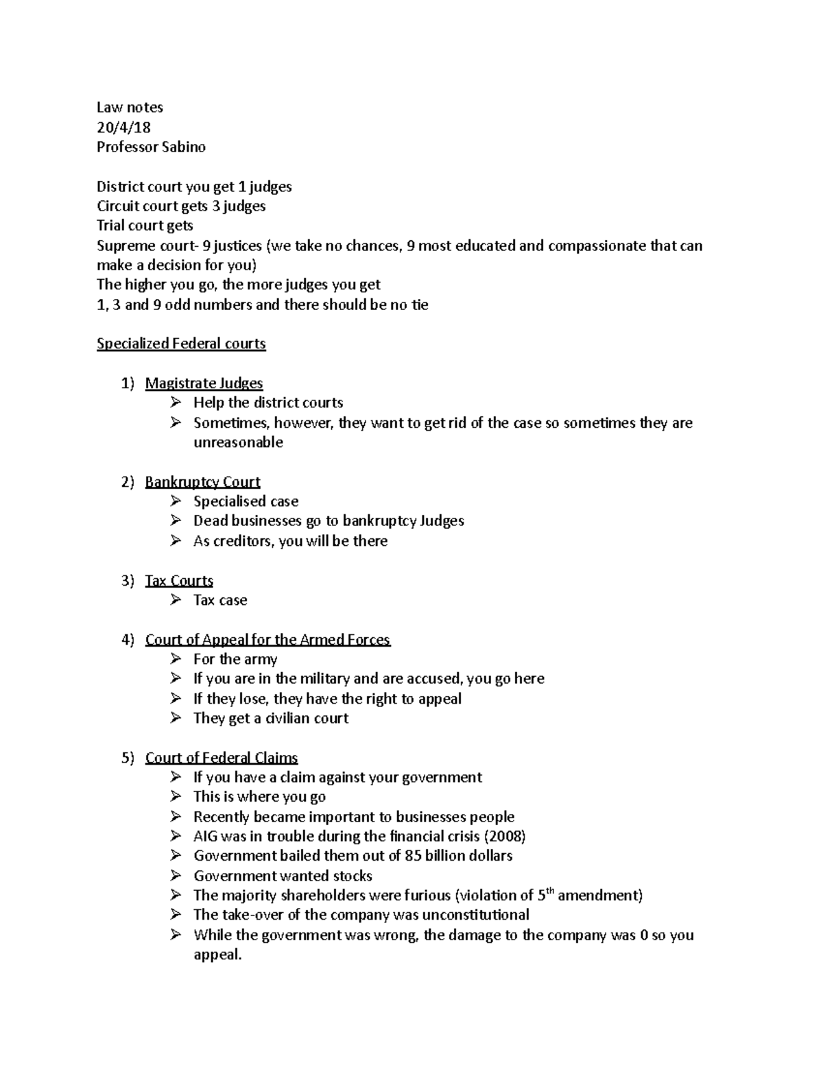 Law notes 17 - Law notes 20/4/ Professor Sabino District court you get ...