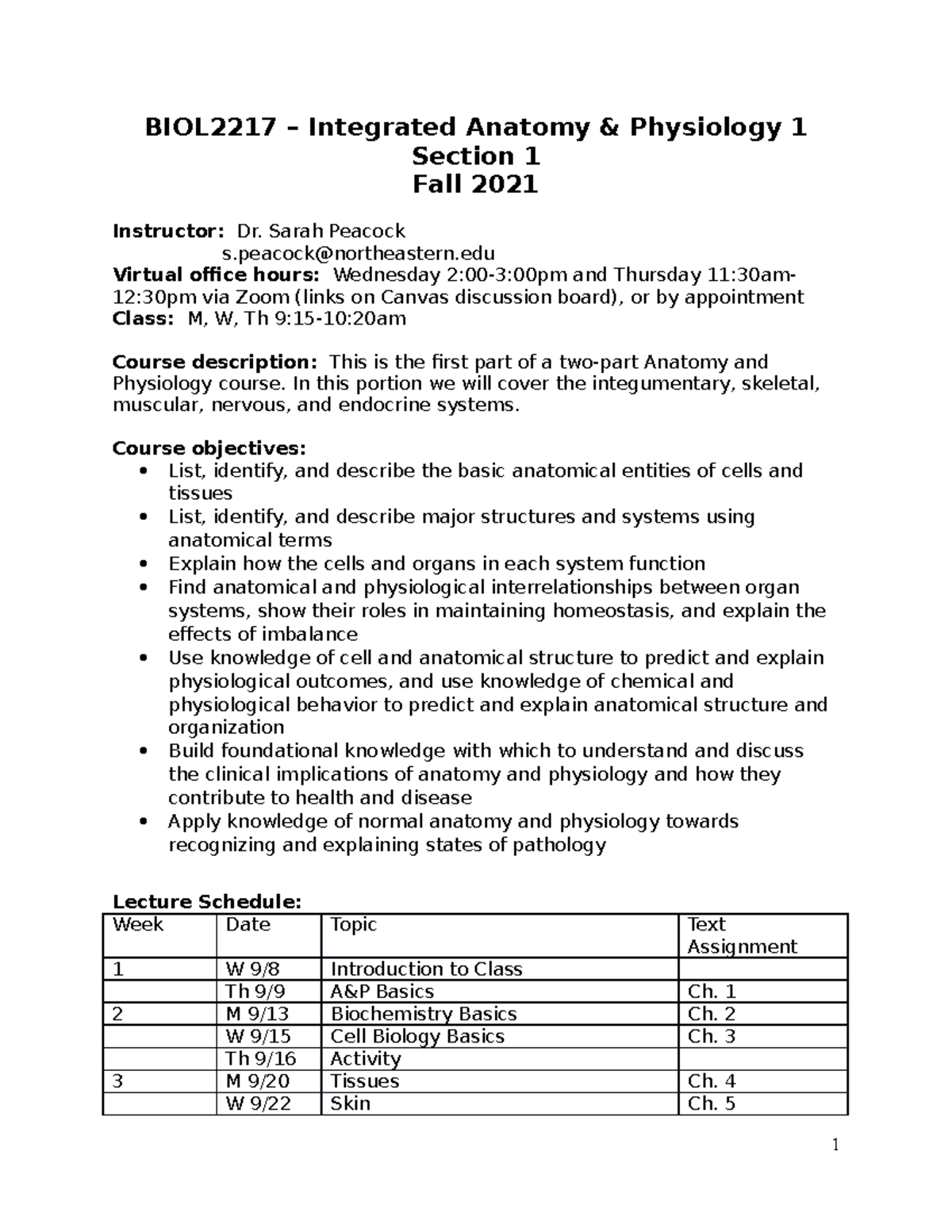 A+P1.1 Fall21 - Syllabus - BIOL2217 – Integrated Anatomy & Physiology 1 ...