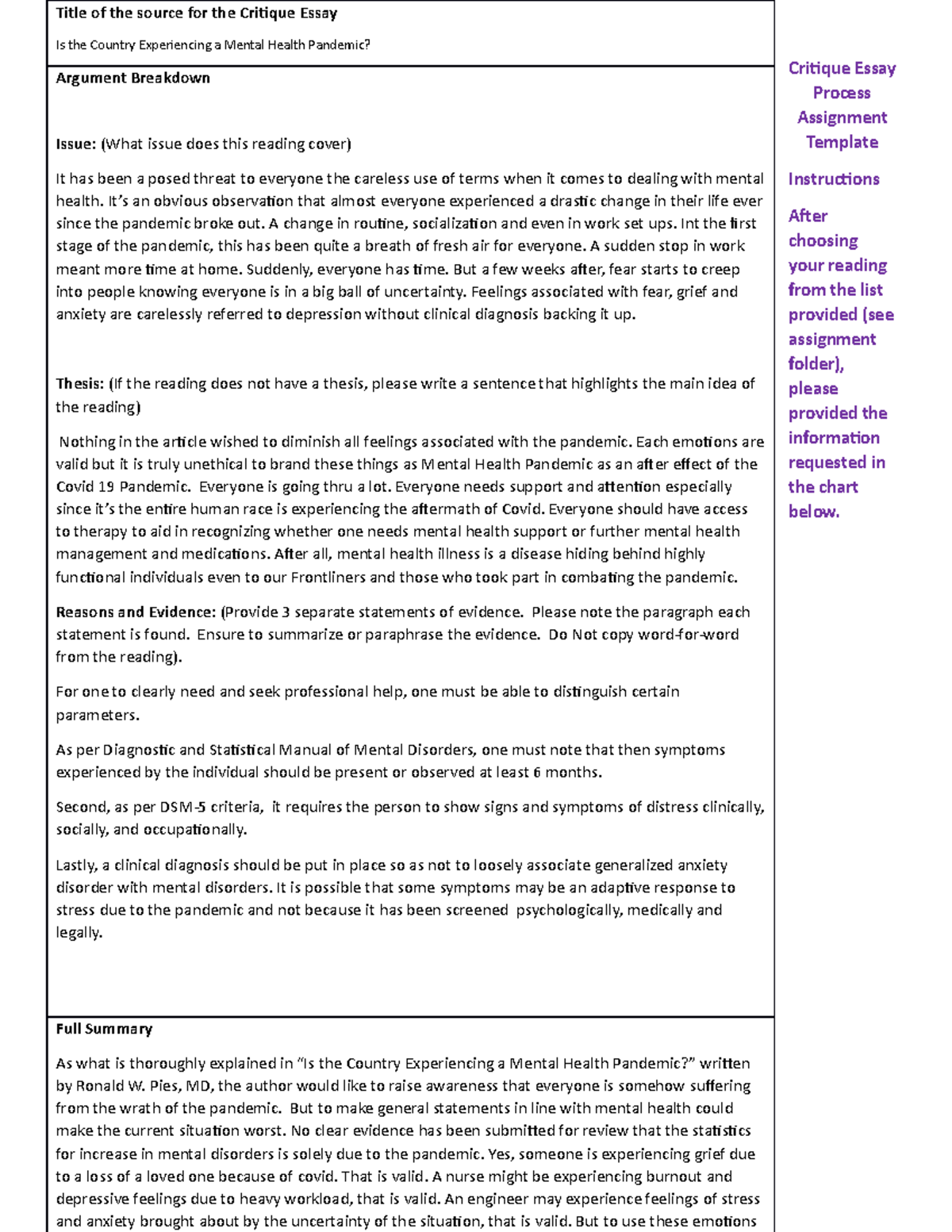 Critique Essay Process Assignment Template 1 - Frederick Ian Flores ...