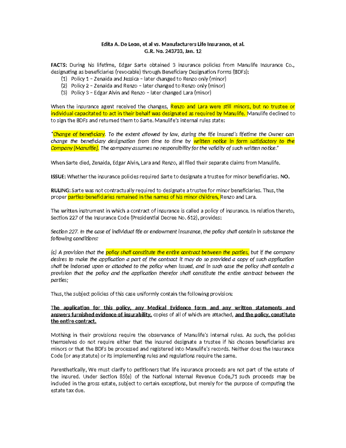 De Leon v Manulife - Edita A. De Leon, et al vs. Manufacturers Life ...