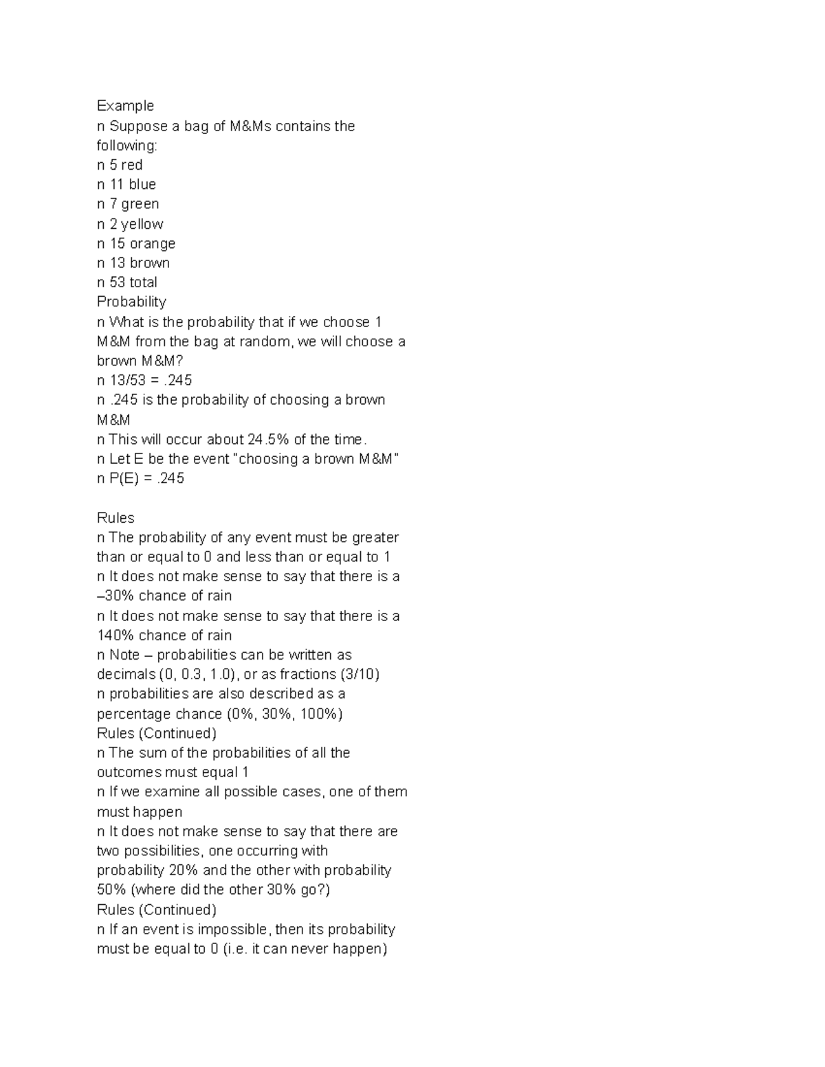 Probability Rules notes - Example n Suppose a bag of M&Ms contains the ...
