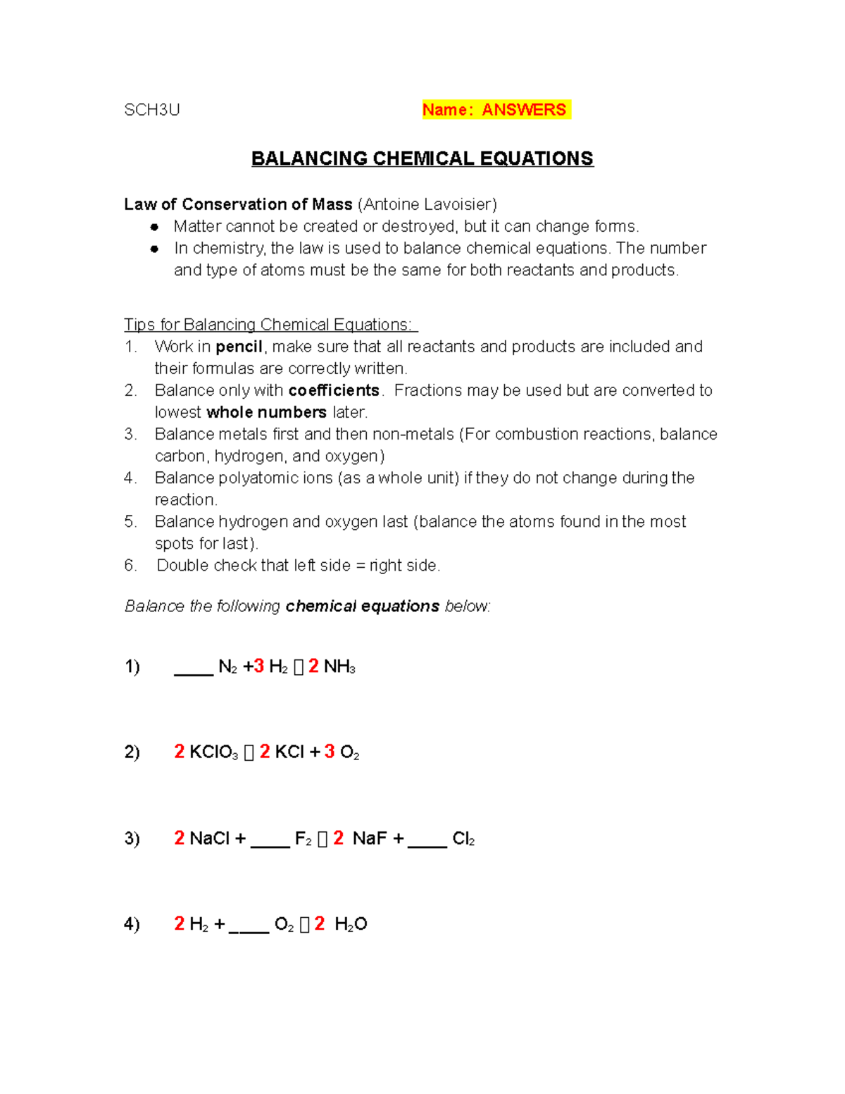 4.1 wkstbal chem eqn rules 2022 answers - SCH3U Name: ANSWERS BALANCING ...