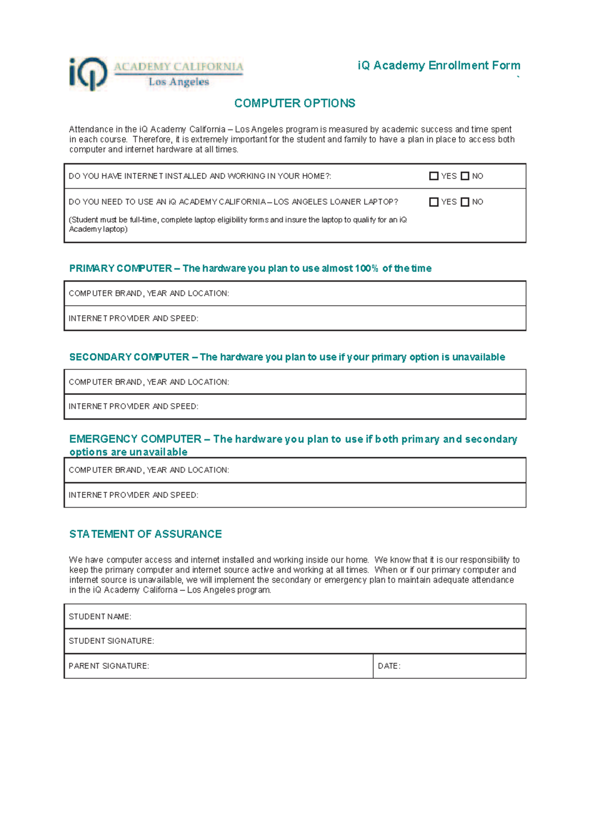 IQLA Comptuer Request Form - iQ Academy Enrollment Form ` COMPUTER ...