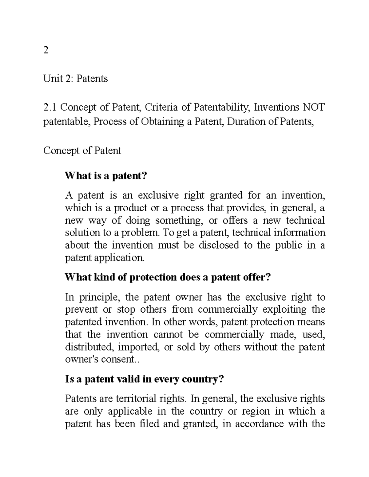 Unit 2 Patents - Full course - 2 Unit 2: Patents 2 Concept of Patent ...