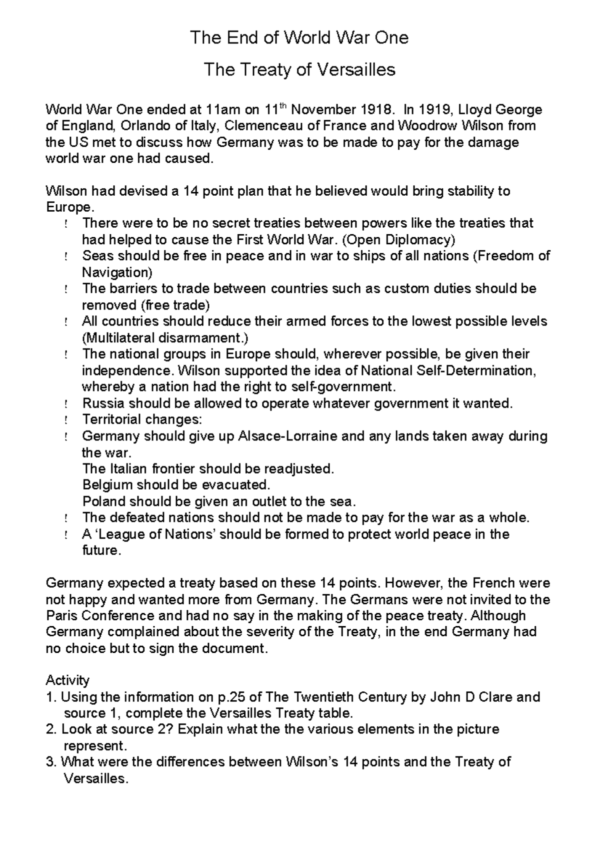 Treaty of Versailles - Notes - The End of World War One The Treaty of ...