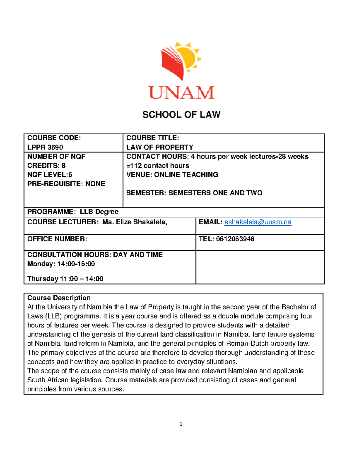 LAW OF Property Course Outline 2023 - SCHOOL OF LAW COURSE CODE: LPPR ...