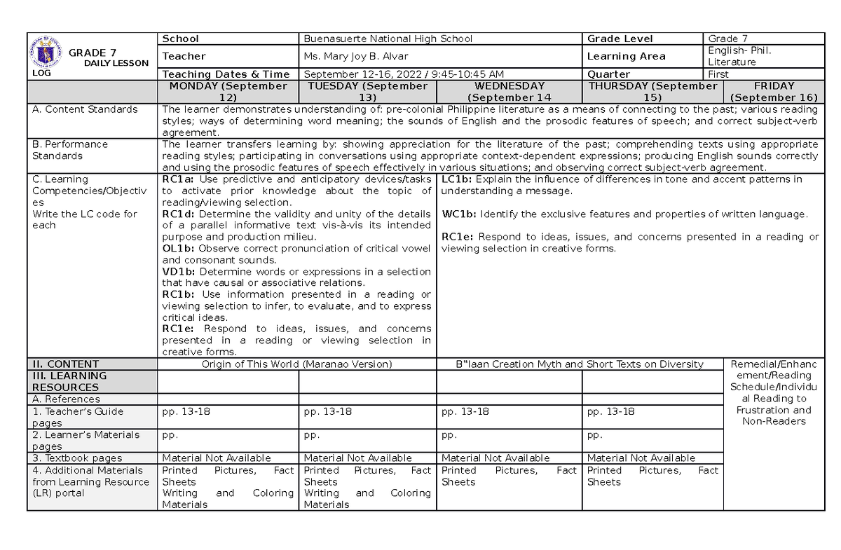 English 7 (Daily Lesson Log) - GRADE 7 DAILY LESSON LOG School ...