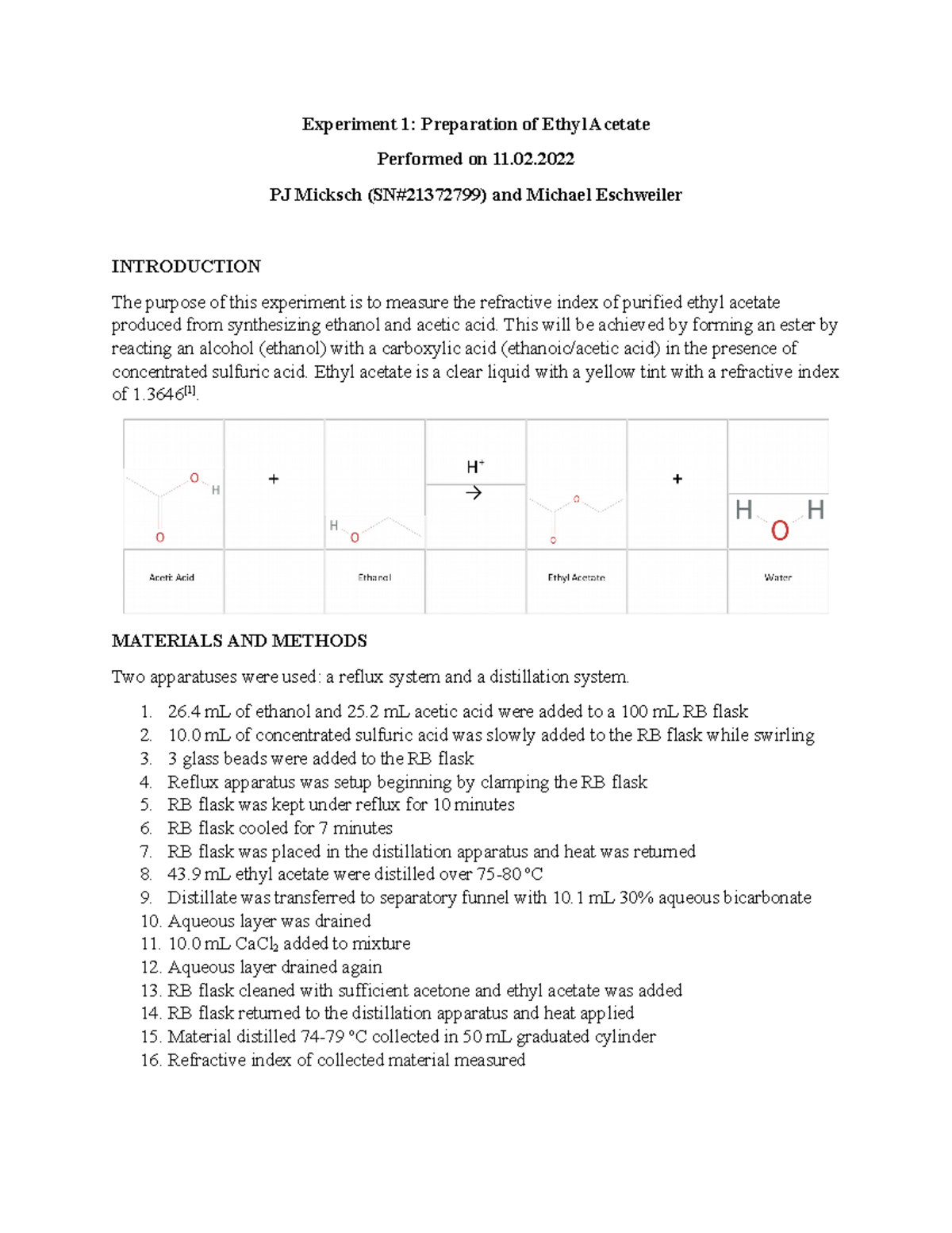 Lab 1 - Preparation of Ethyl Acetate - Experiment 1: Preparation of ...
