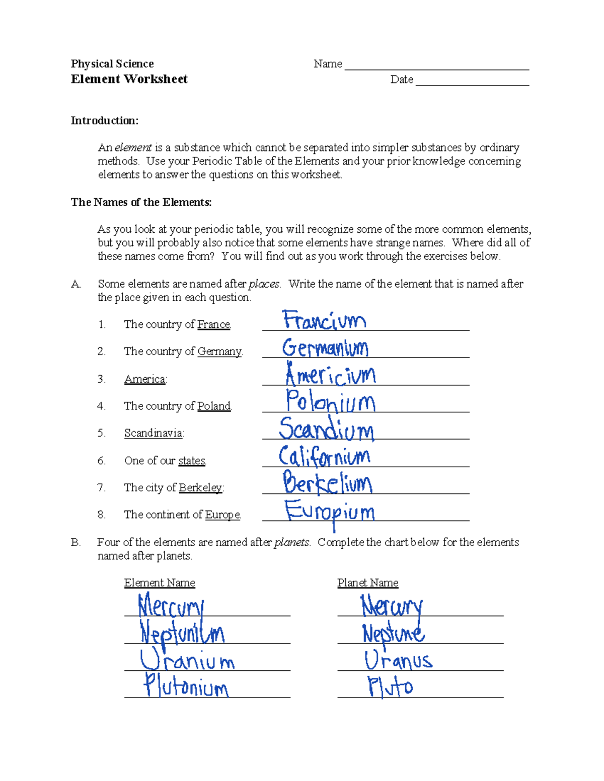 Element-worksheet - Worksheet on chem elements - Physical Science Name ...