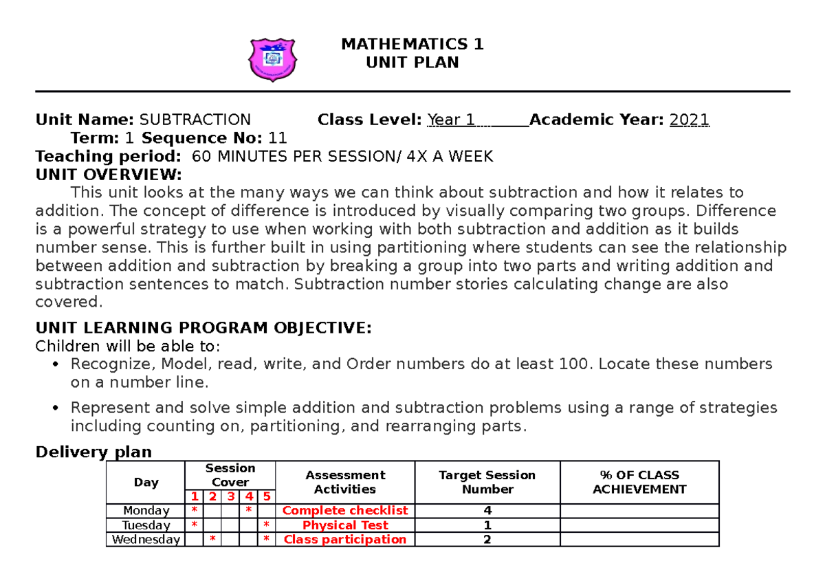 MATH1 T1 WK11- Subtraction - MATHEMATICS 1 UNIT PLAN Unit Name ...