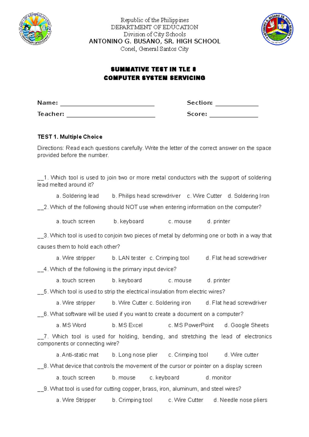 Grade 3 Summative Tests quarter 1 Compilation All Subjects Deped