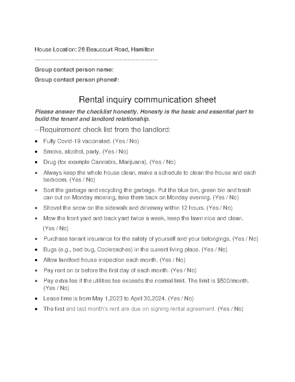 Rental inquiry communication sheet 2023 - House Location: 28 Beaucourt ...